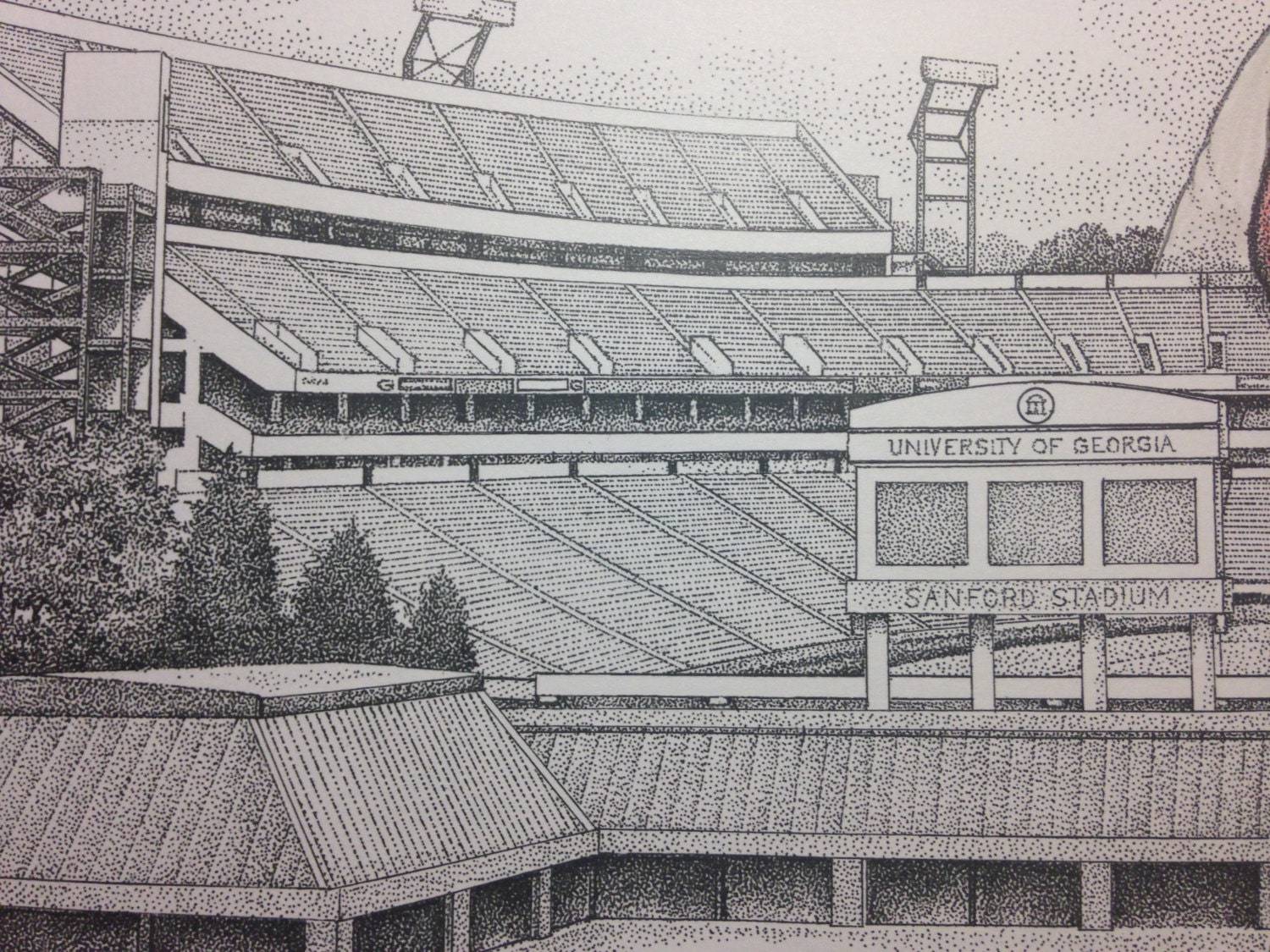 University of Georgia Stadium W/ Bulldog 11x17 Partially Hand-colored ...