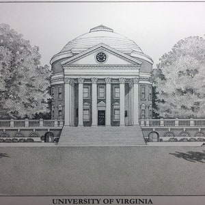 University of Virginia Rotunda Pen and Ink Drawing - 11"x14" Size Scene ...