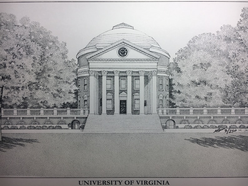 University of Virginia Rotunda Pen and Ink Drawing - 11"x14" Size Scene ...