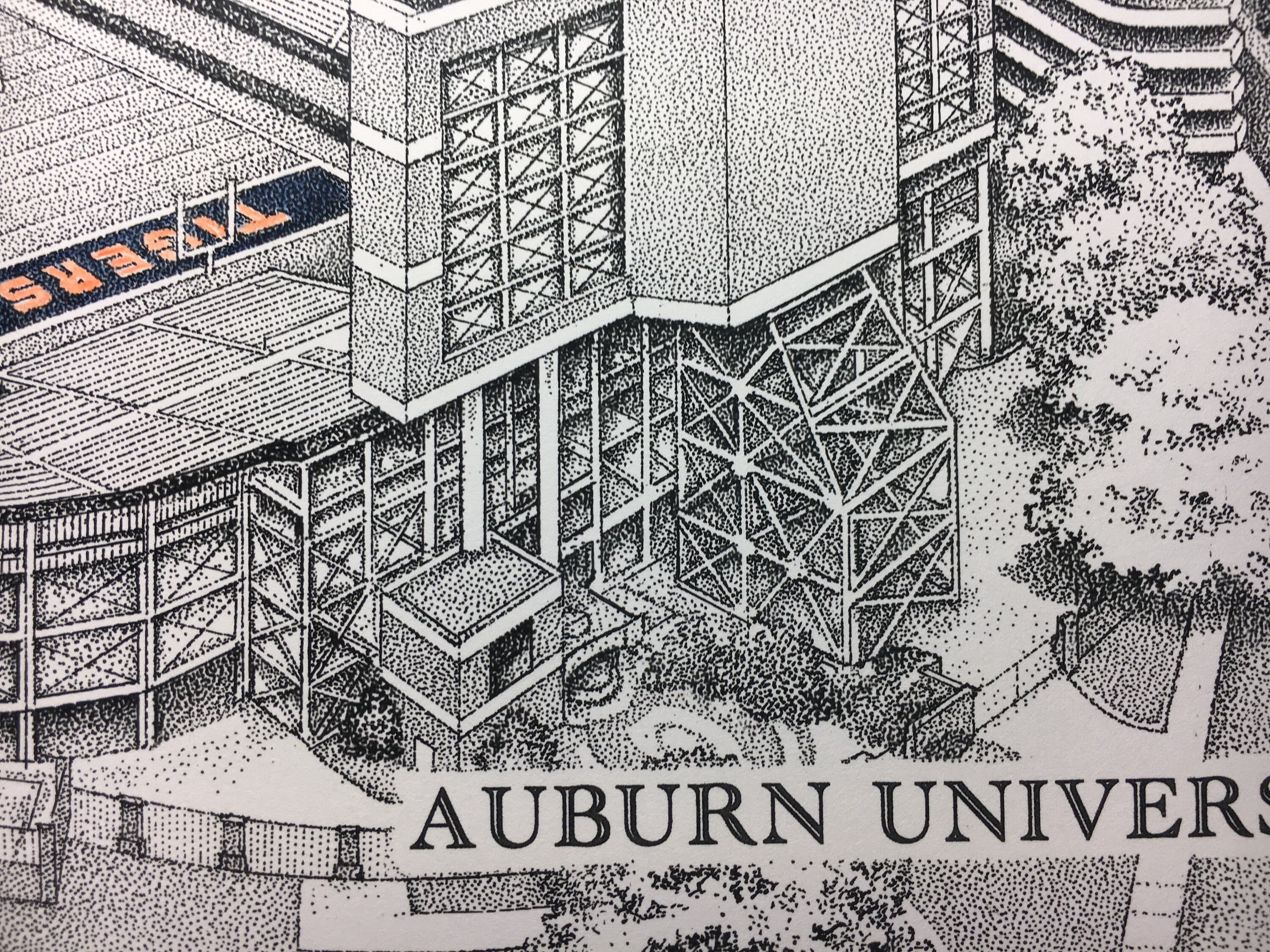 Auburn Football Stadium - 11"x17" Pen and Ink Drawing With Hand-colored ...