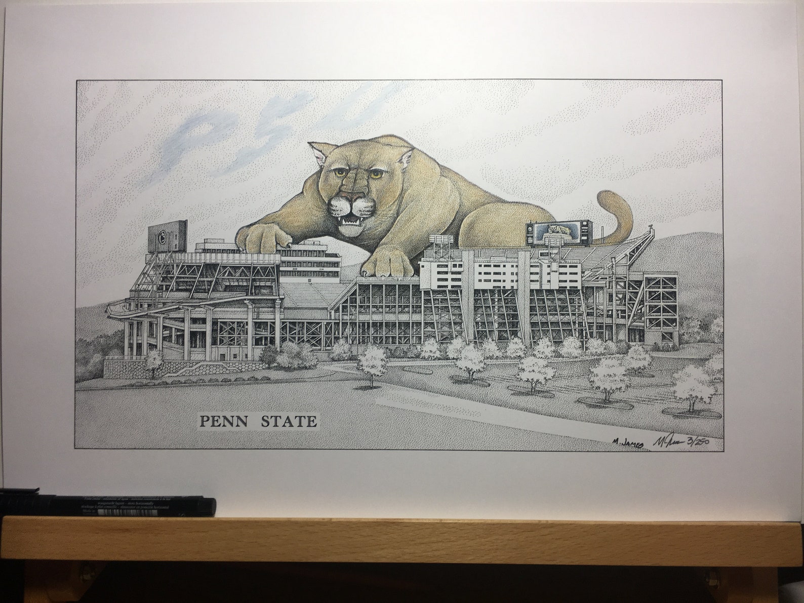 Penn State Football Stadium 11"x17" Pen and Ink Print With Hand-colored ...