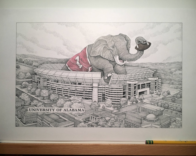 Alabama Football Stadium 11x17 Pen and Ink Print With Hand-colored ...