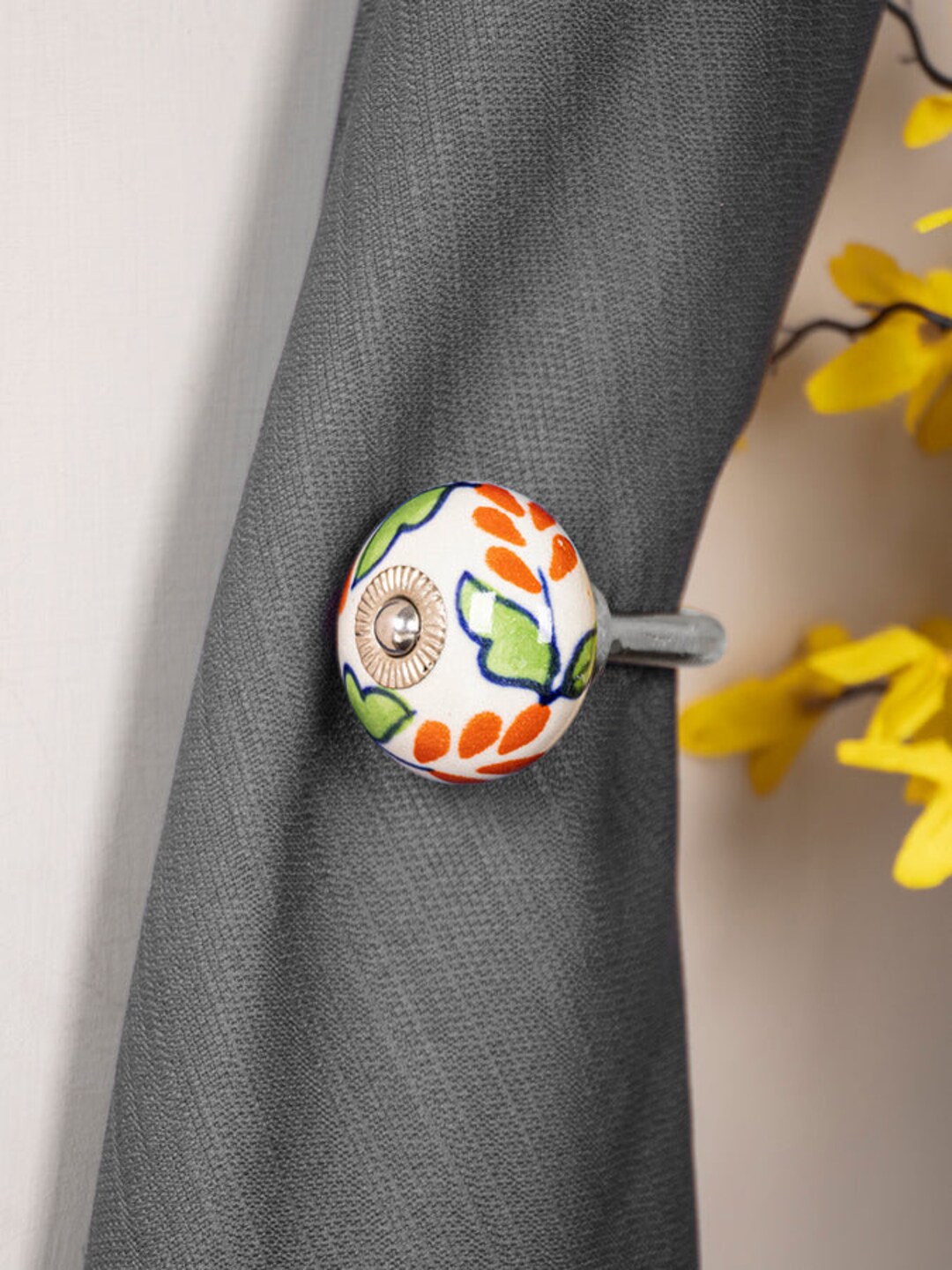 Hand Painted Ceramic Curtain Tie Back: Orange Leaf Design, Antique Hook ...