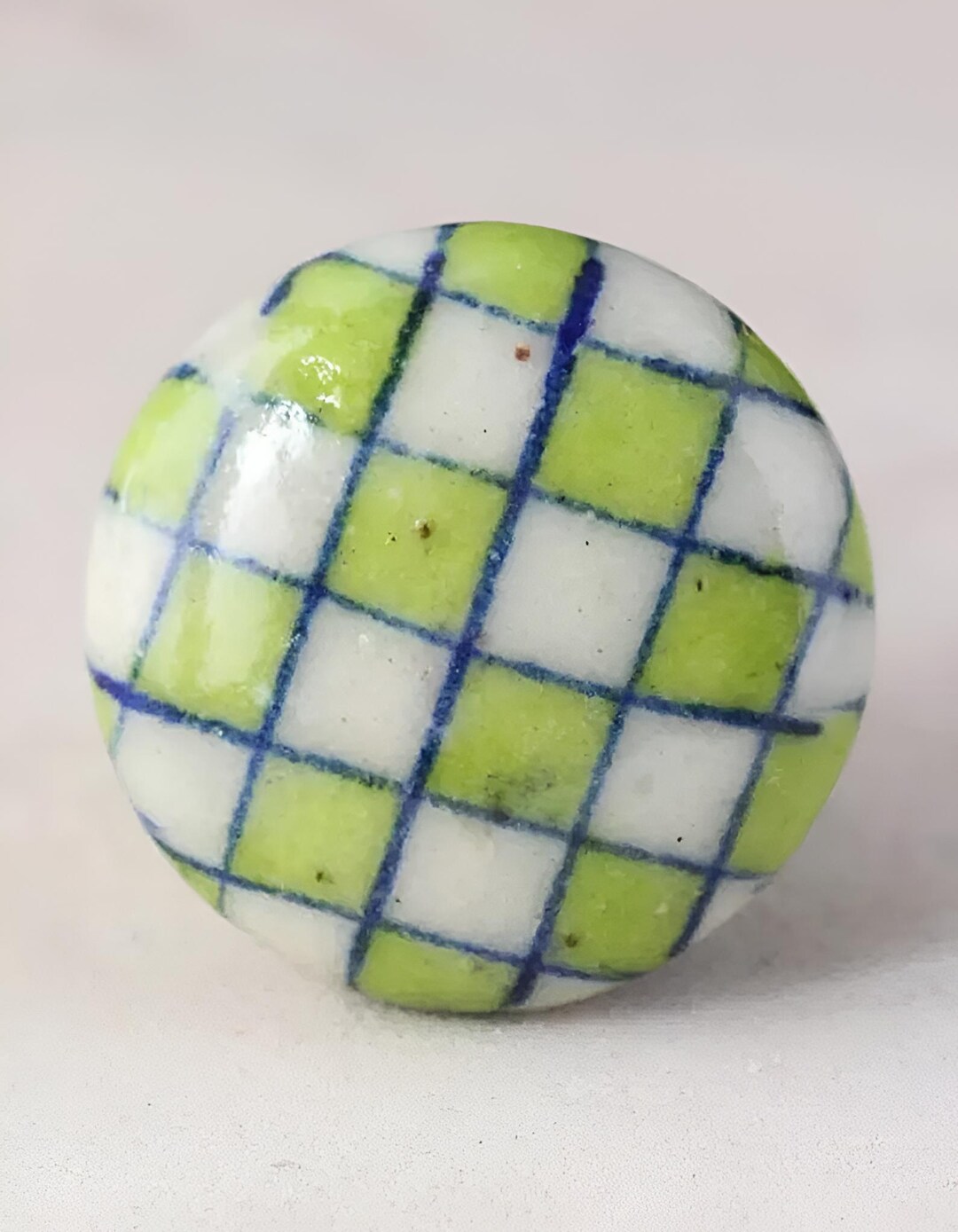 Handmade Ceramic Knob: Lime Green Checkerboard Pottery, Blue Accents - Etsy