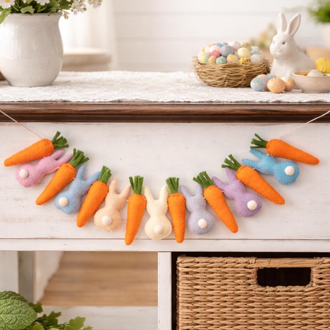 Wool Felt Easter Garland, Carrot & Rabbit Spring Decor - Etsy