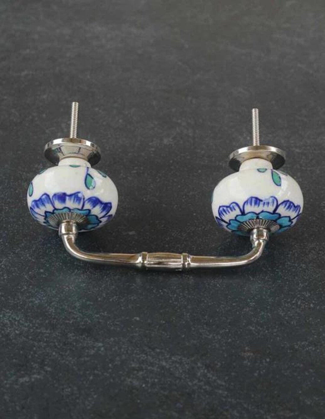 White Royal Ceramic Kitchen Drawer Pull With Blue Flower Hand Painted ...