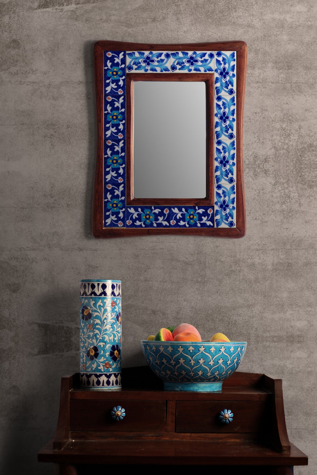 Decorative Blue Tile Wall Hanging Mirror | Boho Home Decor | Unique ...