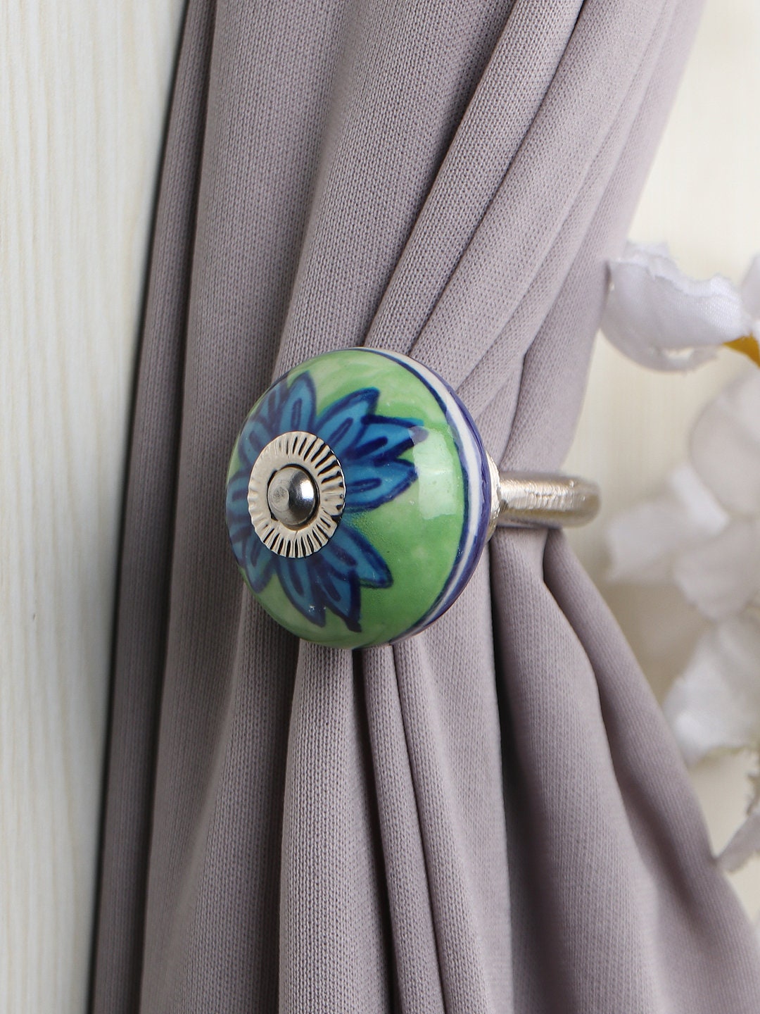 Floral Ceramic Curtain Tie Backs: Rustic Blue & Green Towel Hooks - Etsy