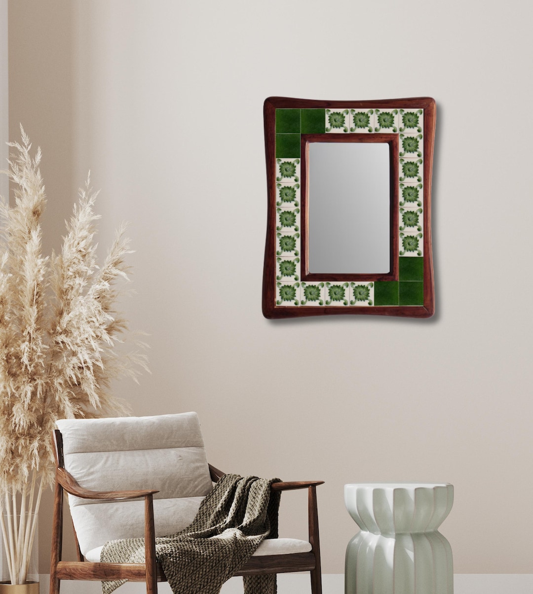 Green and White Tile Mirror: Ethnic Home Decor,thanksgiving Gift ...