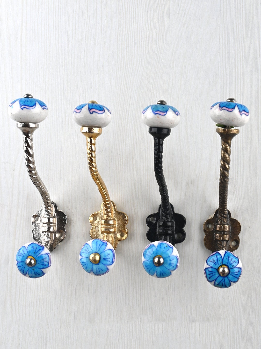 Turquoise White Floral Handmade Ceramic Wall Hooks | Vintage Metal ...