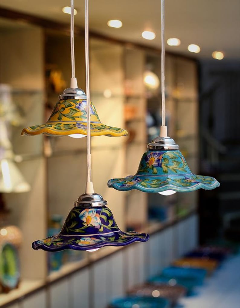 Handmade Blue Pottery Pendant Light: Artistic Floral Hanging Lamp - Etsy