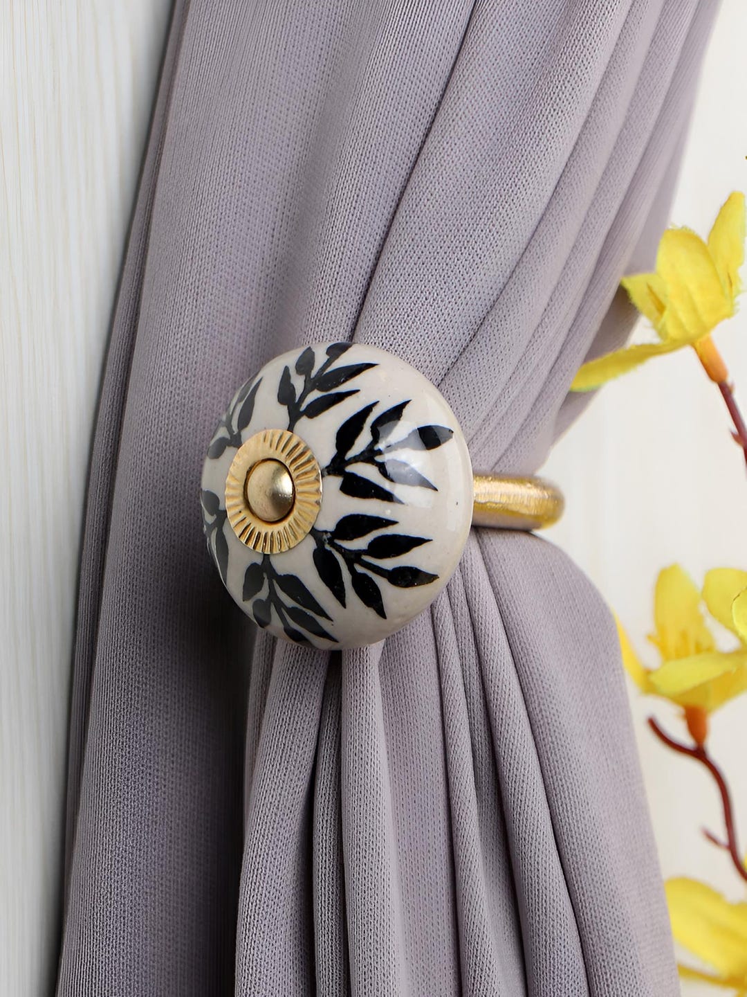 Ceramic Curtain Tie Back Hook: Black & Cream Floral, Rustic Towel Hook ...