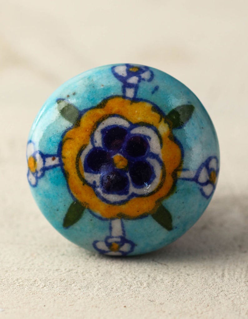 Hand-painted Turquoise Ceramic Knob: Floral Cabinet Hardware - Etsy