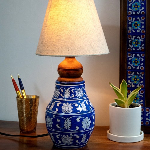Handmade Blue Pottery Cylinder Shape Table Lamp 8 Inches - Etsy