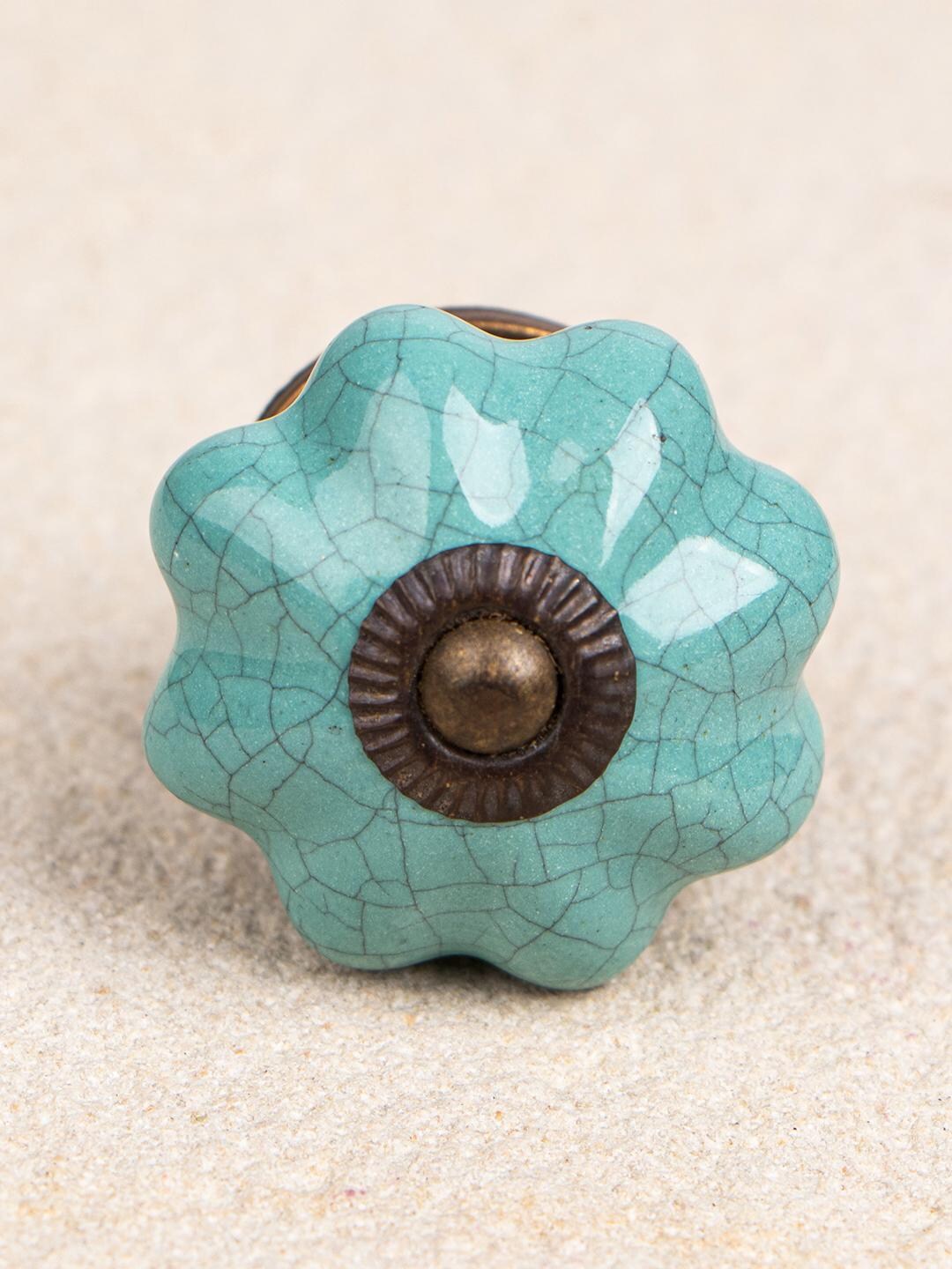 Teal Ceramic Cabinet Knobs Set of Flower-shaped Furniture Door Pulls ...