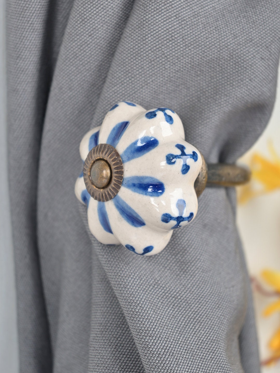 Handmade Ceramic Flower Curtain Tie Back: Blue & off White, Rustic ...