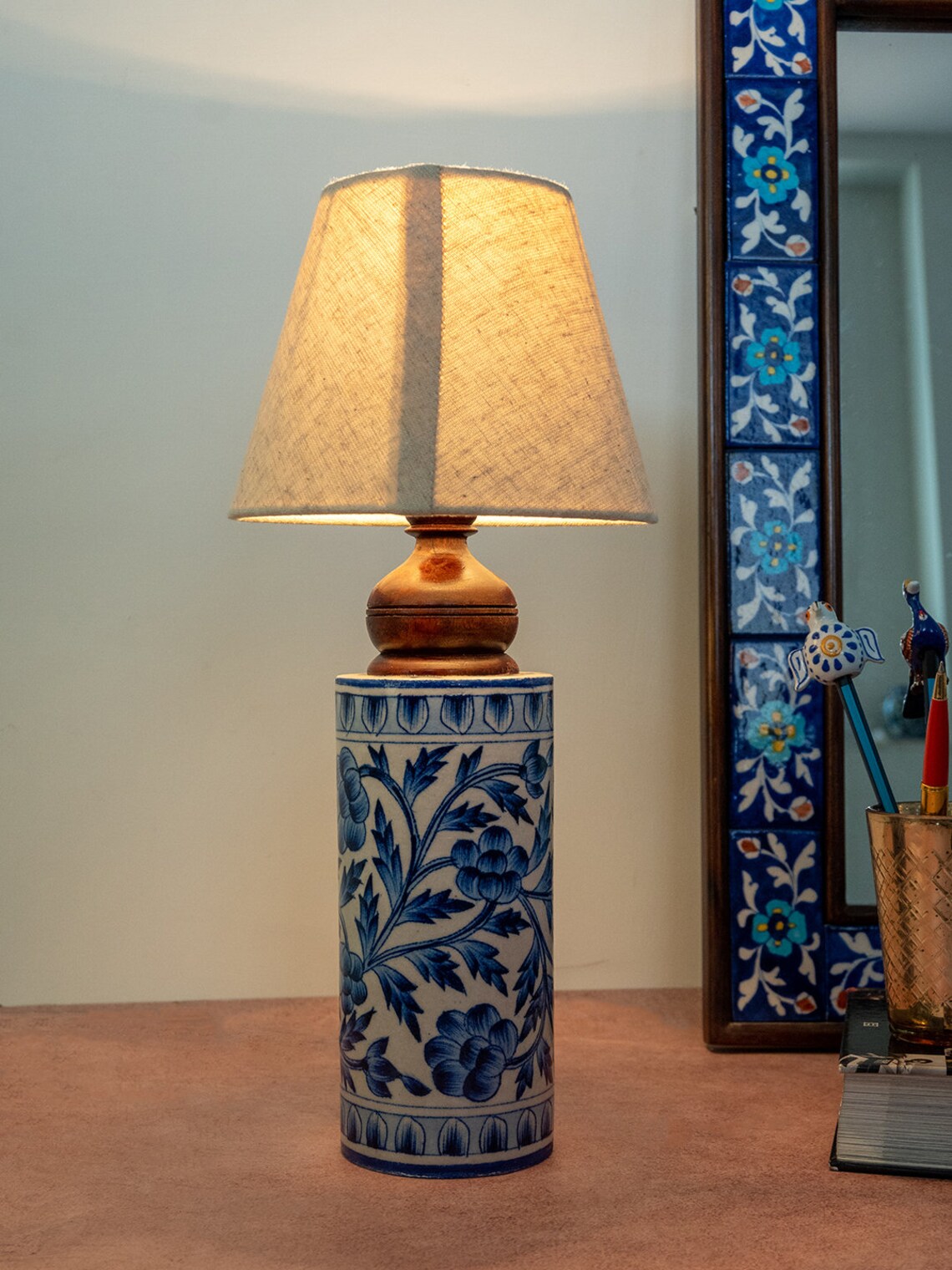 Handmade Blue Pottery Table Lamp | Ethnic Floral Cylinder Base - Etsy