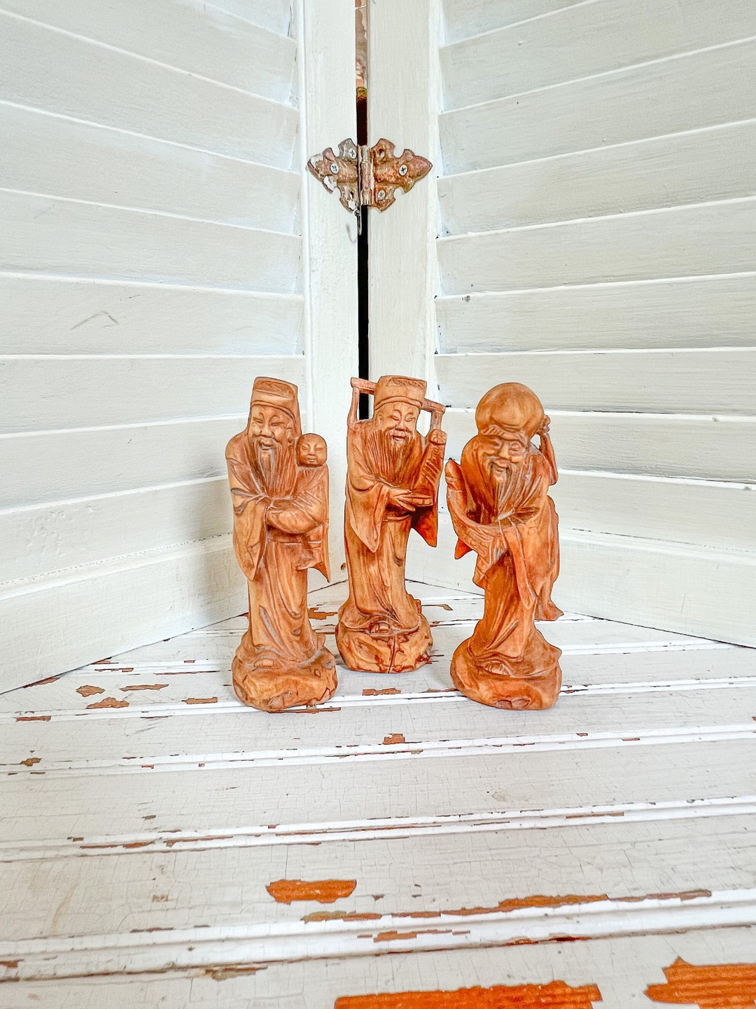 Three Beautiful Antique Chinese Wood Carved Fu Lu and Shou Statues ...