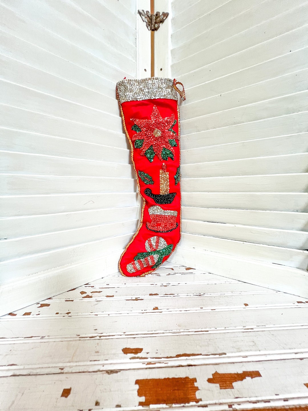 A Gorgeous Vintage Red Felt Christmas Stocking With Sequins and Beads ...