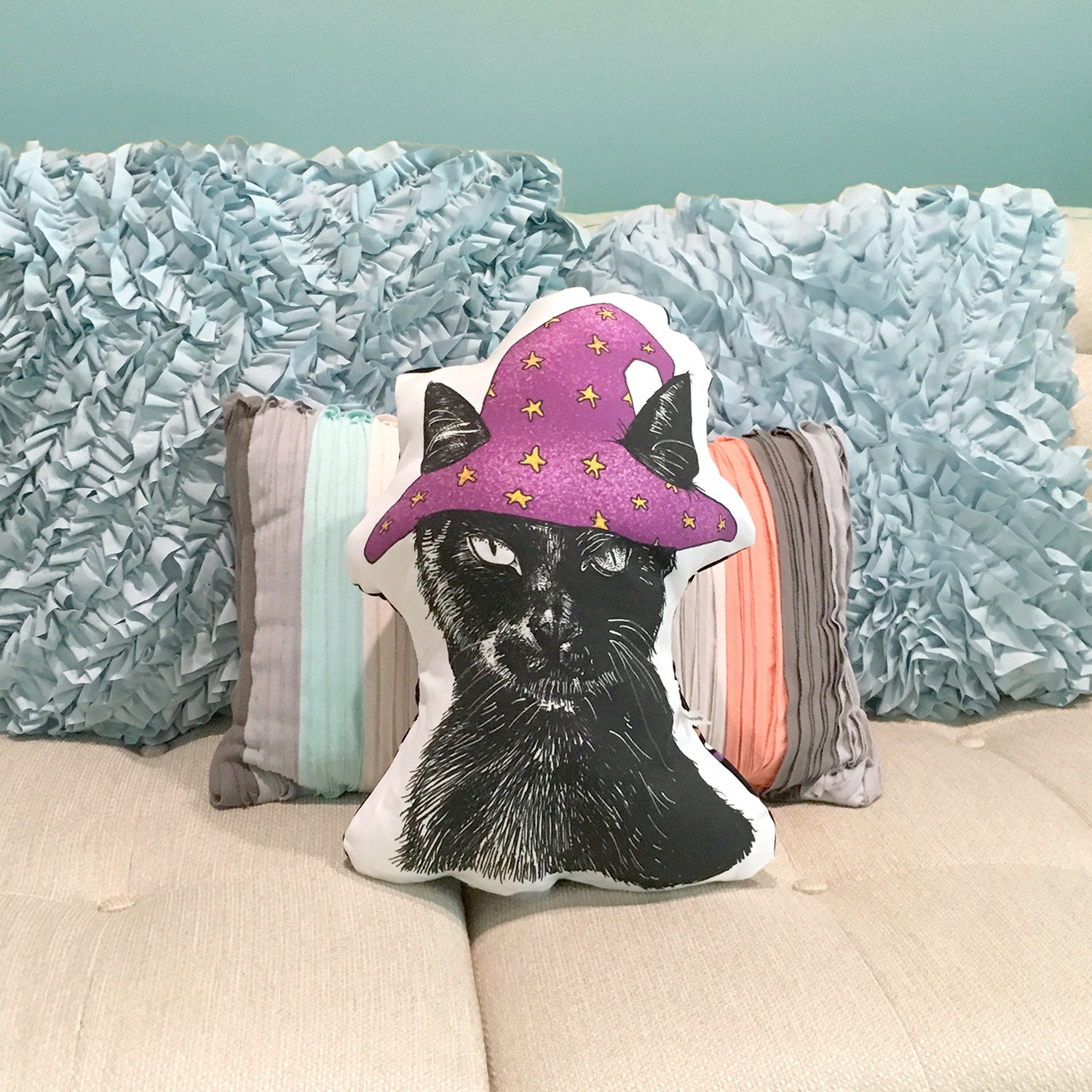 Spooky Black Cat Pillow, Halloween Cat Lovers Gift, Handmade Pillow ...