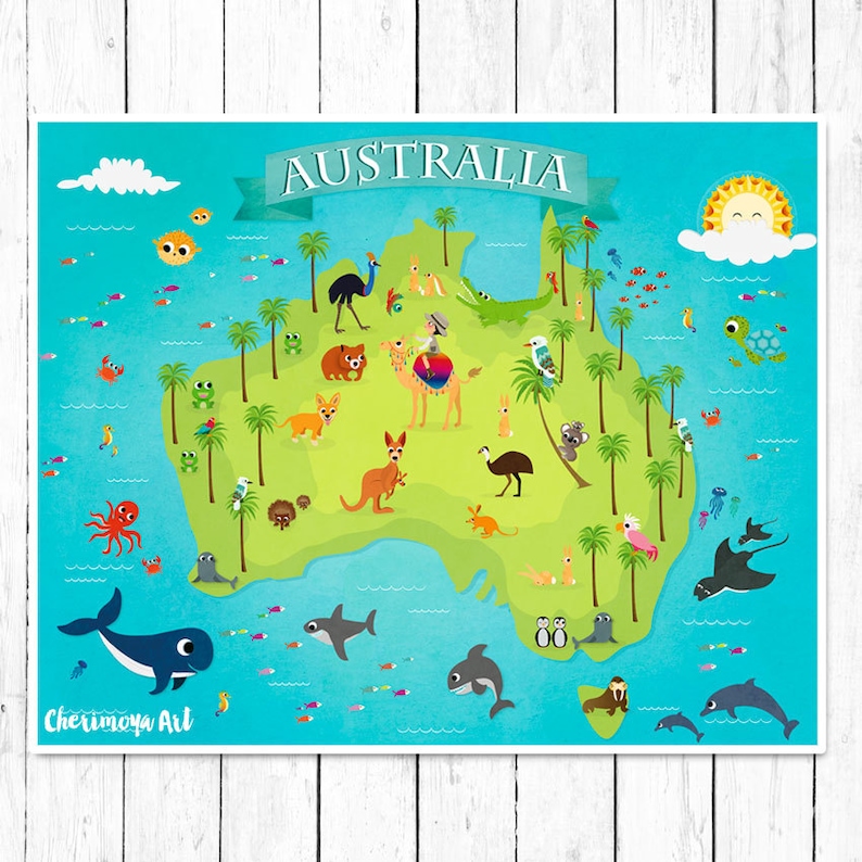 Map of Australia Children's World Map Australia Animal Map | Etsy Australia