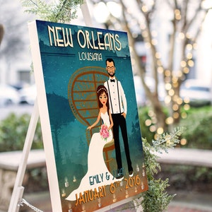 Custom Portrait of Couple Wedding Sign Retro Wedding Poster Vintage ...