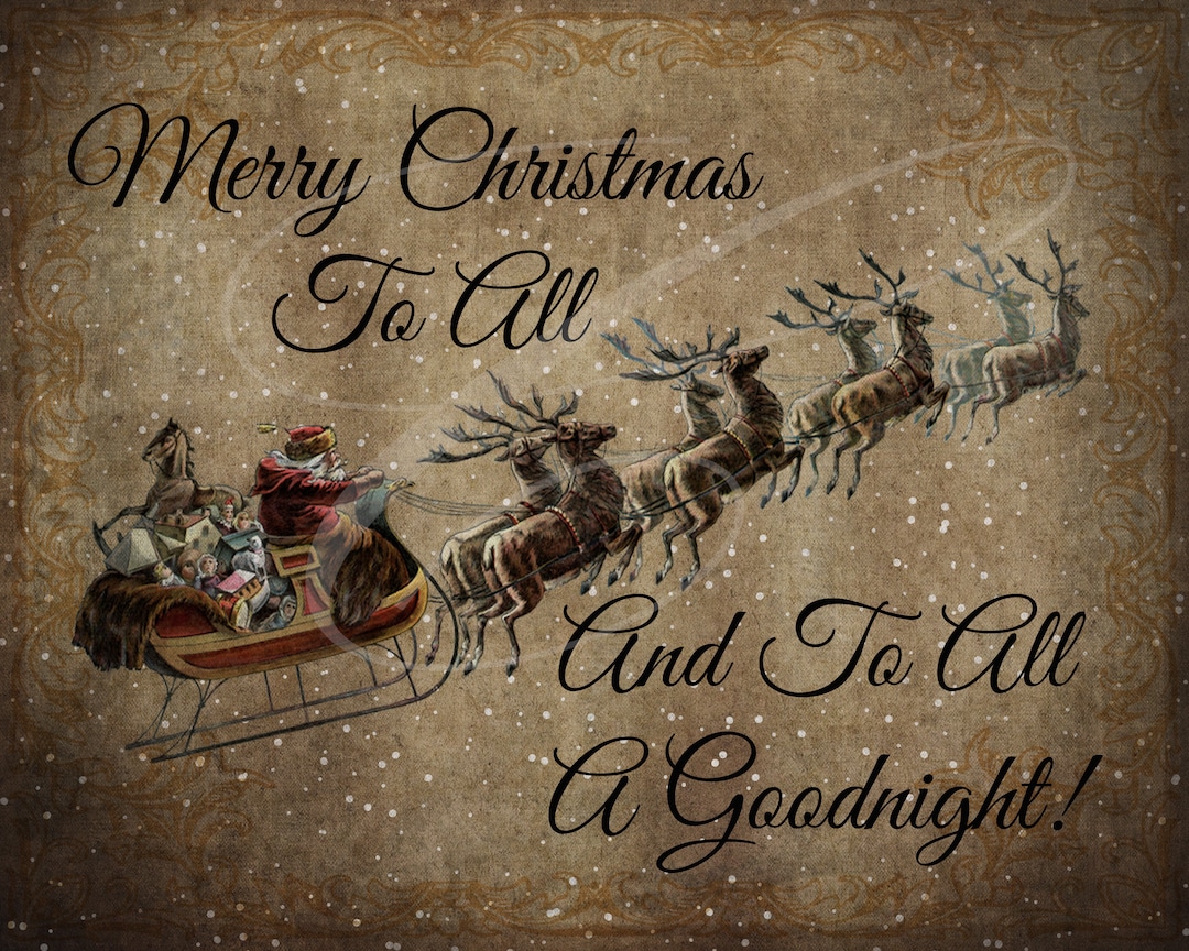 Vintage Primitive Merry Christmas Santa Claus Sleigh Reindeer Label ...