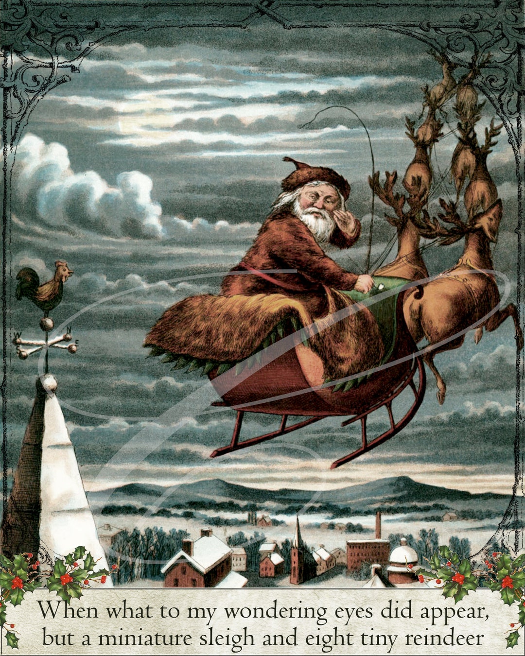 Vintage Primitive Merry Christmas Santa Claus Sleigh Reindeer Thomas ...