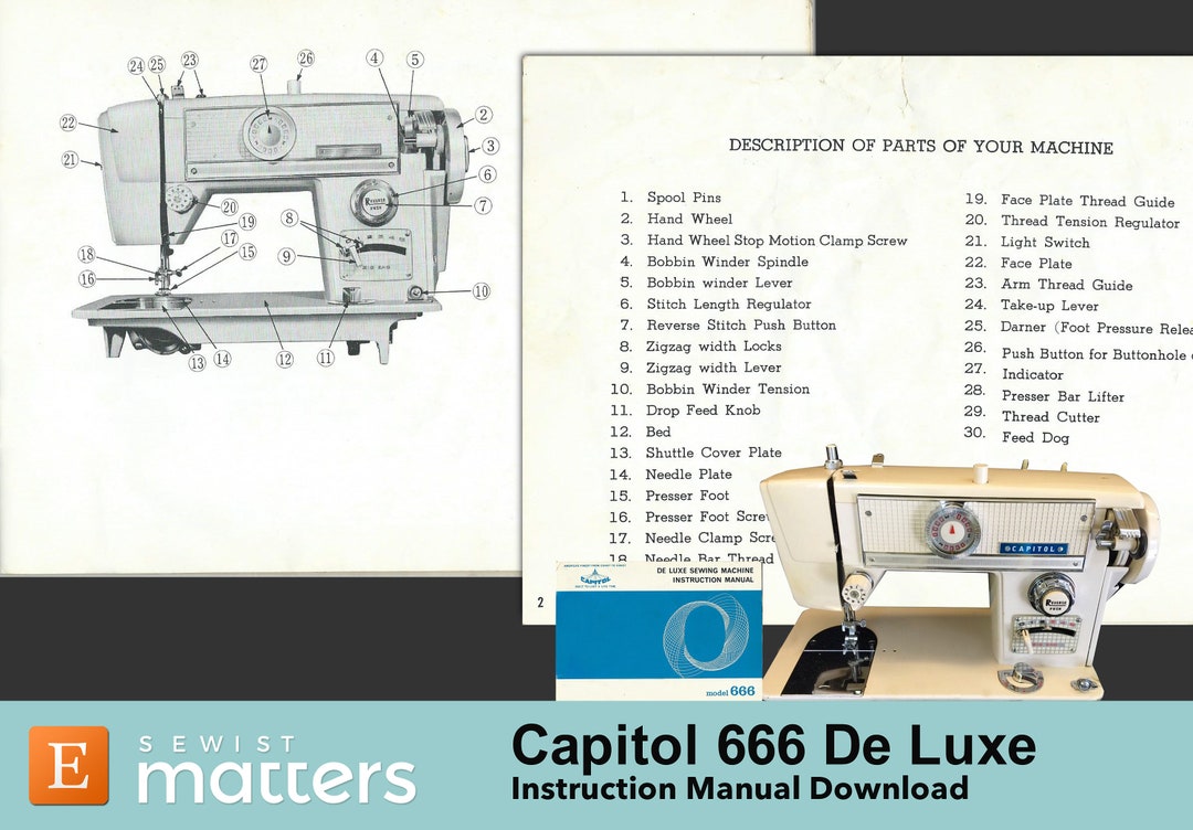 Capitol 666 De Luxe Zigzag Sewing Machine Instruction Manual PDF ...