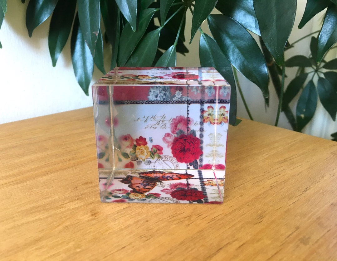 Vintage Glass Paperweight in a Cube Shape and Butterfly and Roses ...