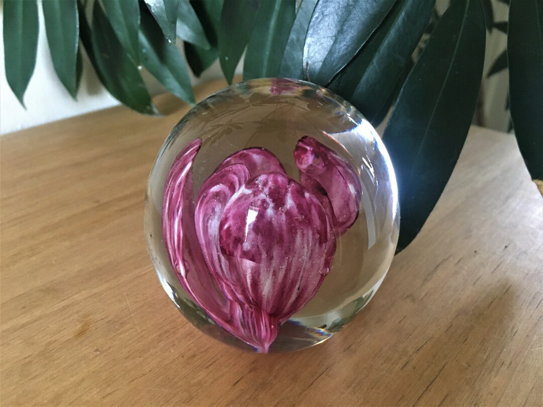Vintage Glass Ball Paperweight With a Central Plum Colour Flower ...