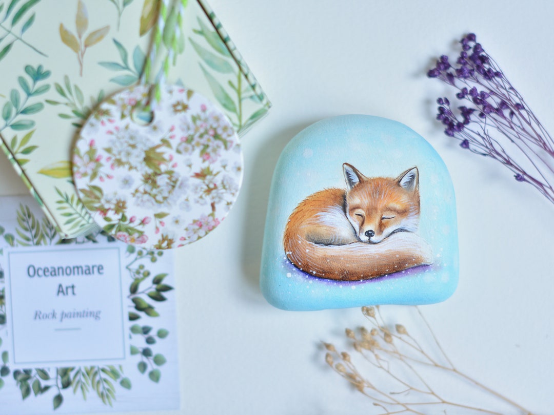 Red Fox Painting on Stone Rock Painting, Christmas Scene - Etsy