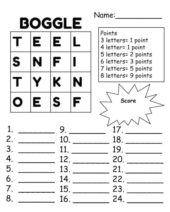 Boggle Worksheet