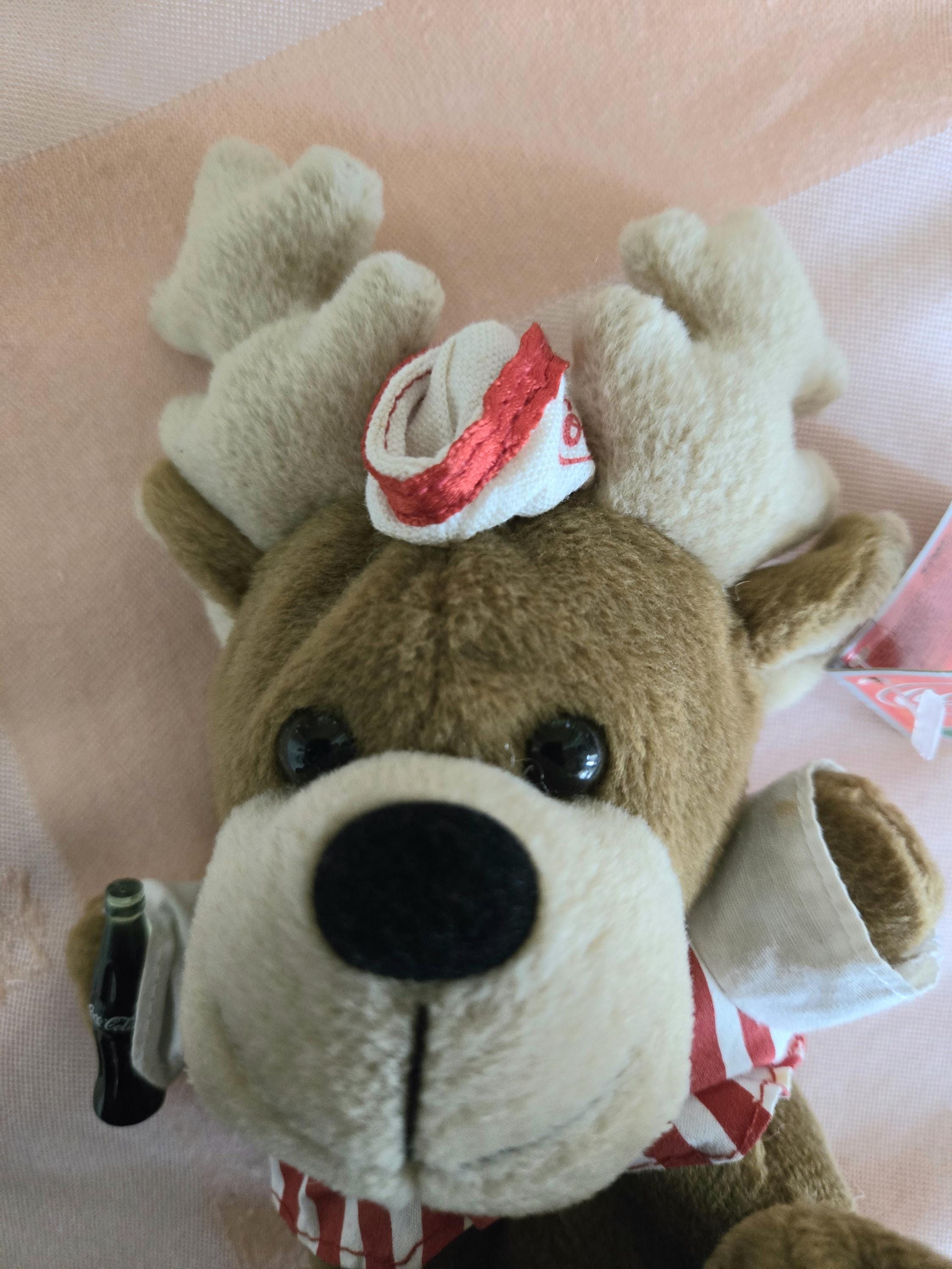 Coca Cola Bean Bag Collection 8" Sitting Reindeer in Red White Striped ...