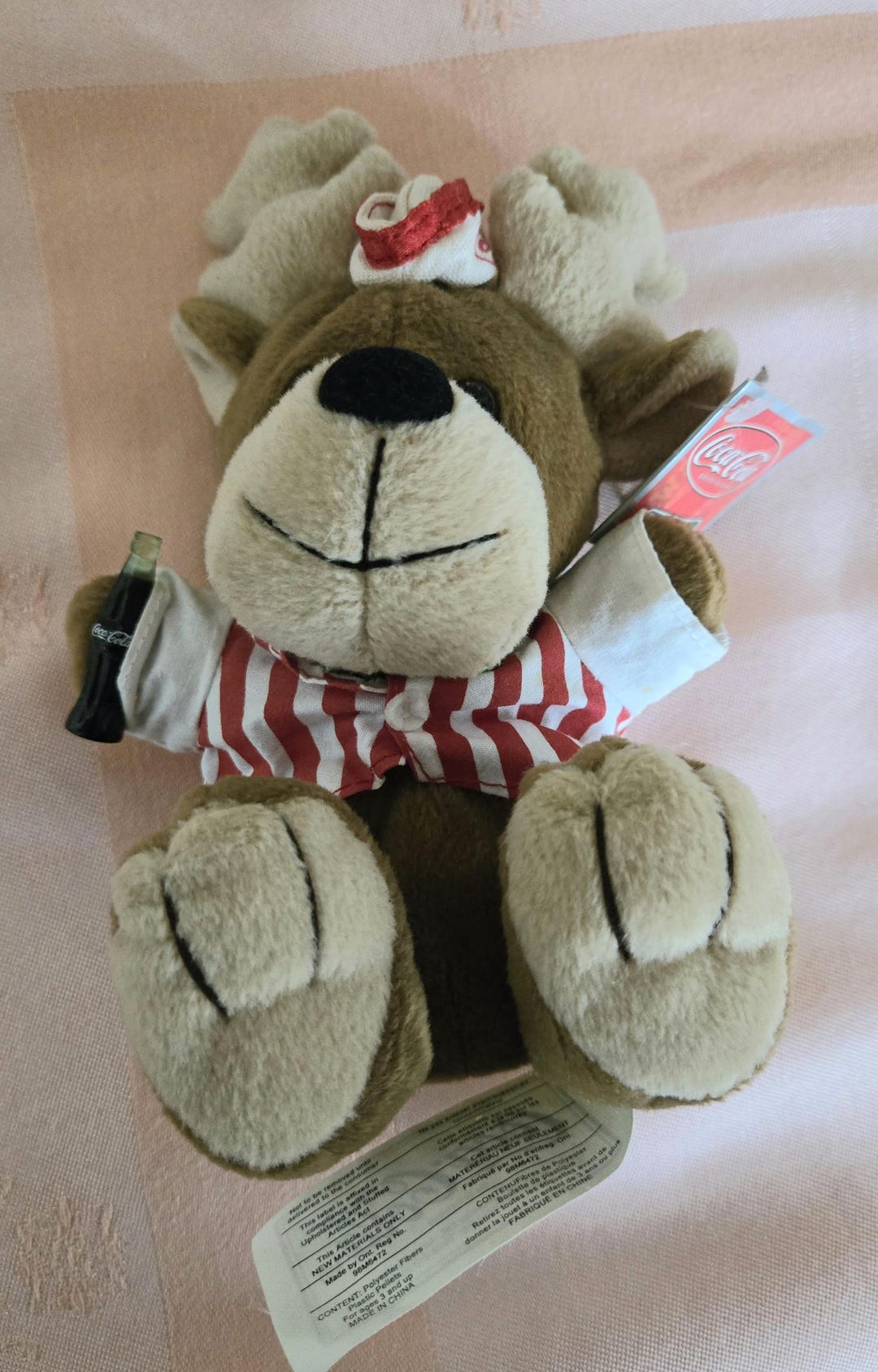Coca Cola Bean Bag Collection 8" Sitting Reindeer in Red White Striped ...