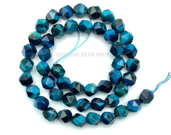 AAA 8mm Peacock Blue Tiger Eye Natural Gemstone Beads Faceted Star Cutting 8mm Full Strand 15 ...