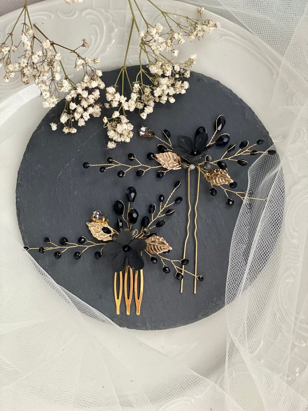 Hair Accessories in Black Gold Wedding Jewelry Hair Comb With Black ...