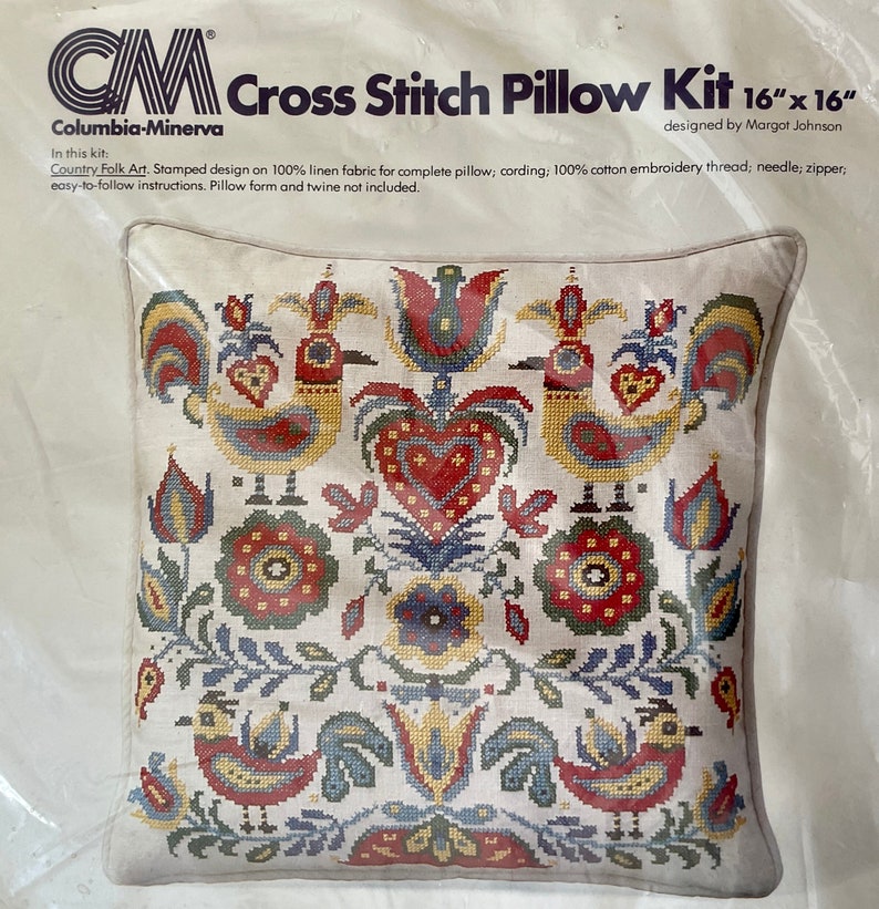 Columbia-minerva Cross Stitch Pillow Kit Country Folk Art 16x16 - Etsy