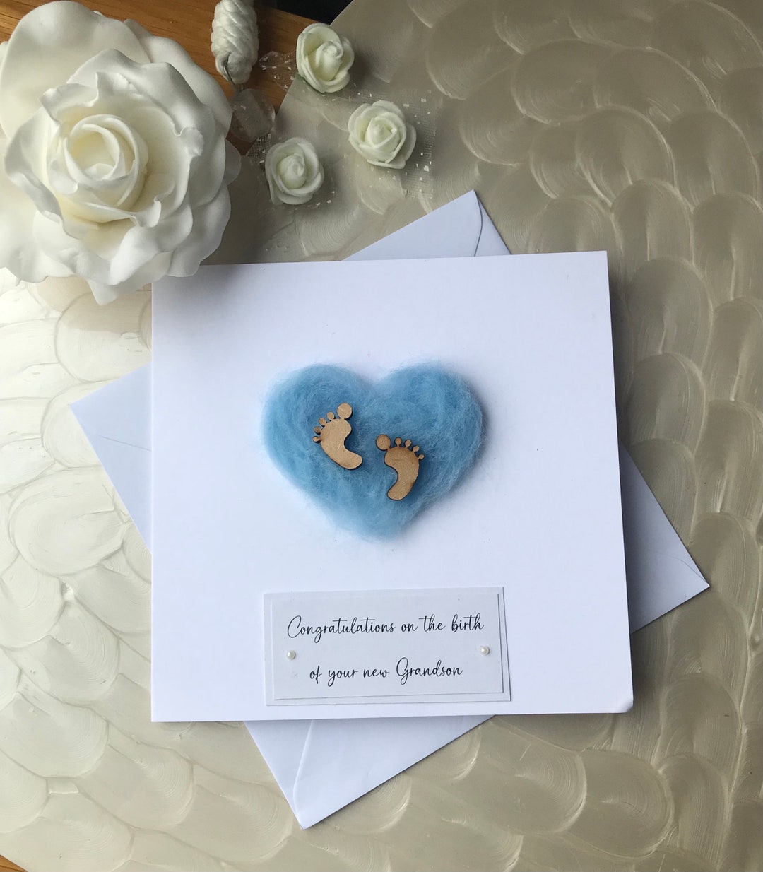 Handmade New Grandson Card, Blue Felted Heart Baby Boy Card, New ...