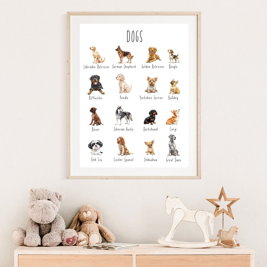 Educational Dog Breeds Poster, Canine Wall Art, Nursery Decor, Kids ...