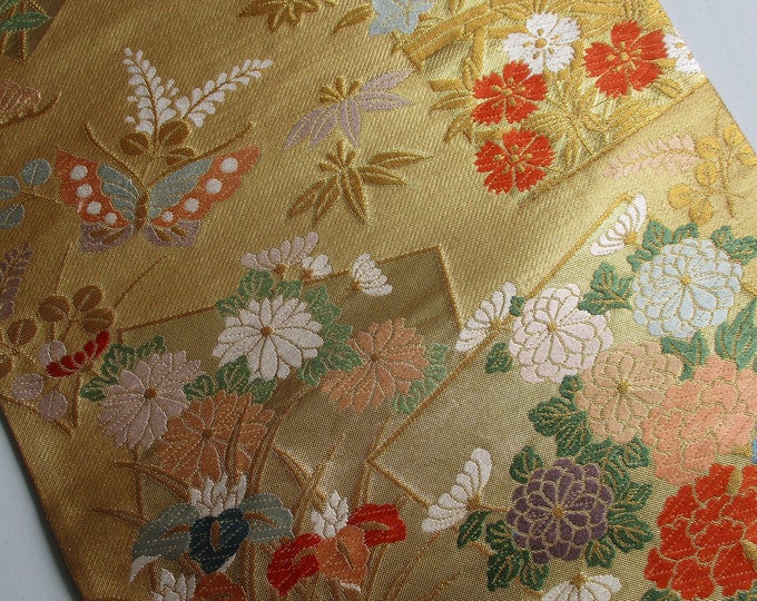 LIMITED STOCK - Japanese Obi Fabric - Floral Squares - Butterfly - Gold ...