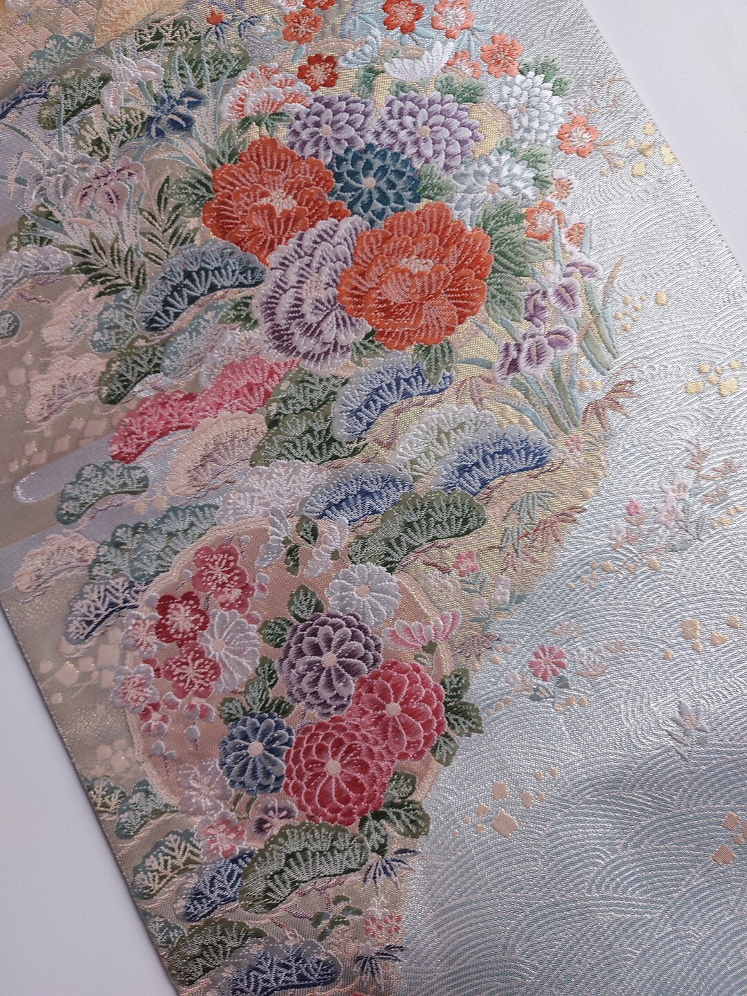 Japanese Obi Fabric Rivers Hills Gardens Cranes Pastel Shades Multi ...