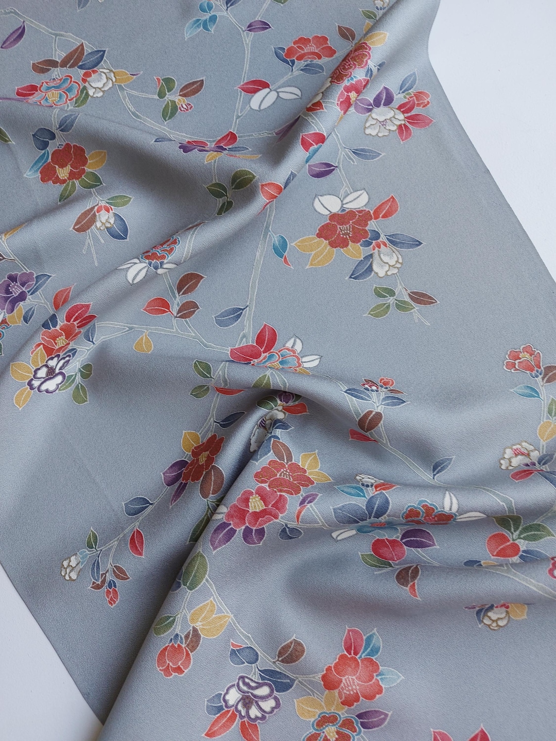 Japanese Kimono Fabric - Upcycle - Silk - Floral Branches - Colour Blue ...
