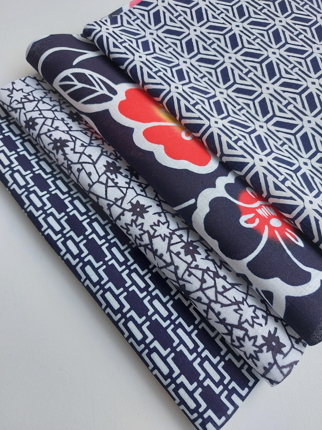 Sample Pack Japanese Yukata Fabric Cotton 4 Designs Colour Blue Red