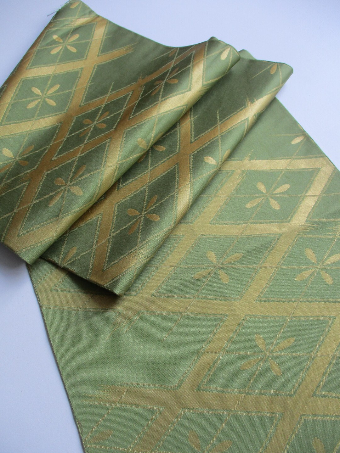 LAST PIECE Japanese Obi Fabric Hishi diamond Used Colour: Green and ...