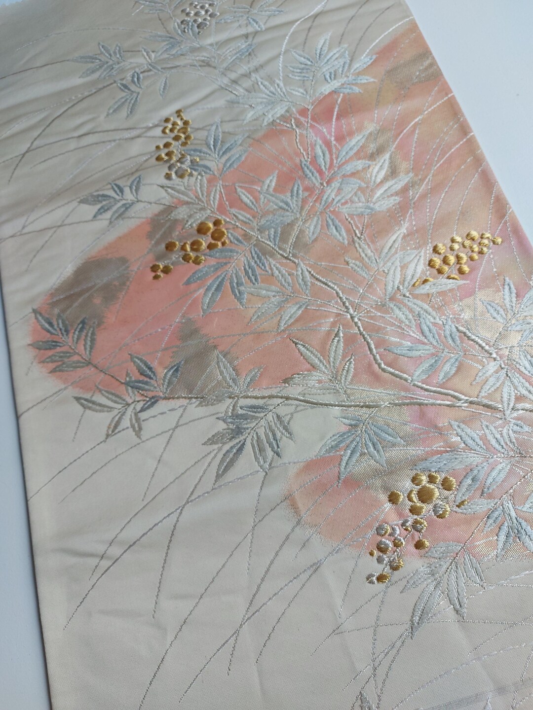 LAST PIECE Japanese Obi Fabric Nandin Berries Cream, Pink, Peach, Gold ...