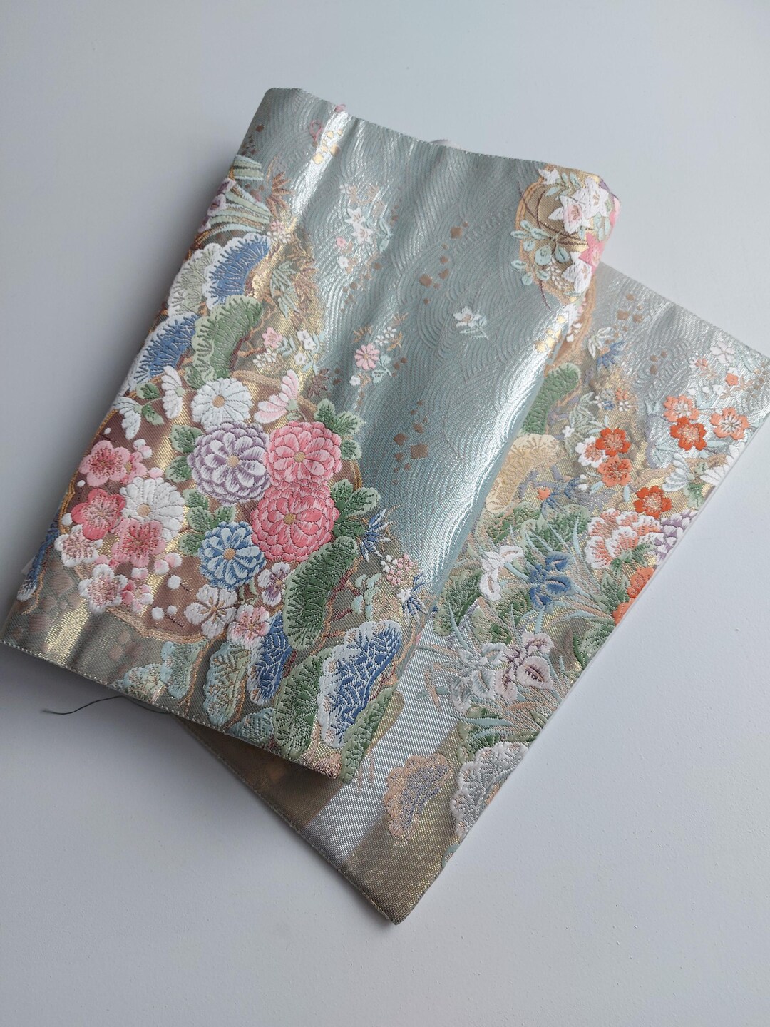 LAST PIECE Japanese Obi Fabric Rivers Hills Gardens Cranes Pastel ...