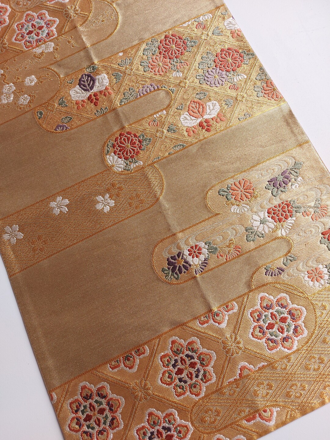 Japanese Obi Fabric Floral Egasumi Pattern Gold, White, Green, Plum and ...