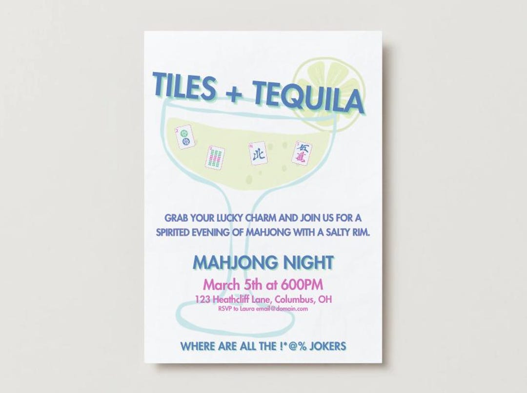 EDITABLE Colorful Mahjong Invitation, Tiles and Tequila, Mahjong Night ...
