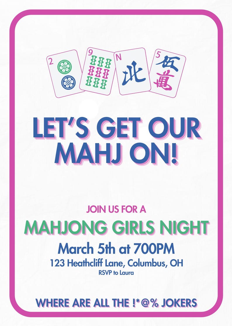 EDITABLE Pink Mahjong Invitation, Mahjong Night Invitation, Digital ...